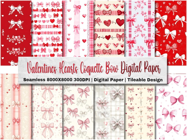 20 Valentines Hearts Coquette Bow Digital Paper 8K - 20 Seamless ...