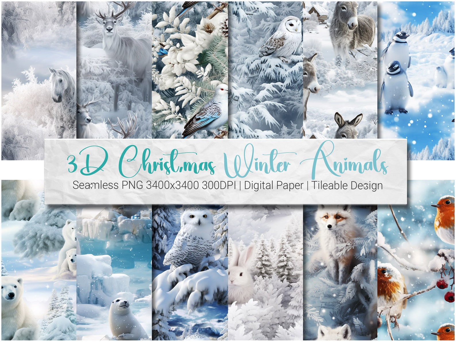 3D Christmas Winter Animals - Digital Paper 12 Seamless Tileable ...