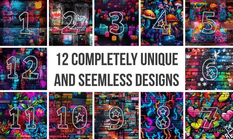 Neon Graffiti Wall Digital Paper in 8K - 13 Seamless Digital Papers ...