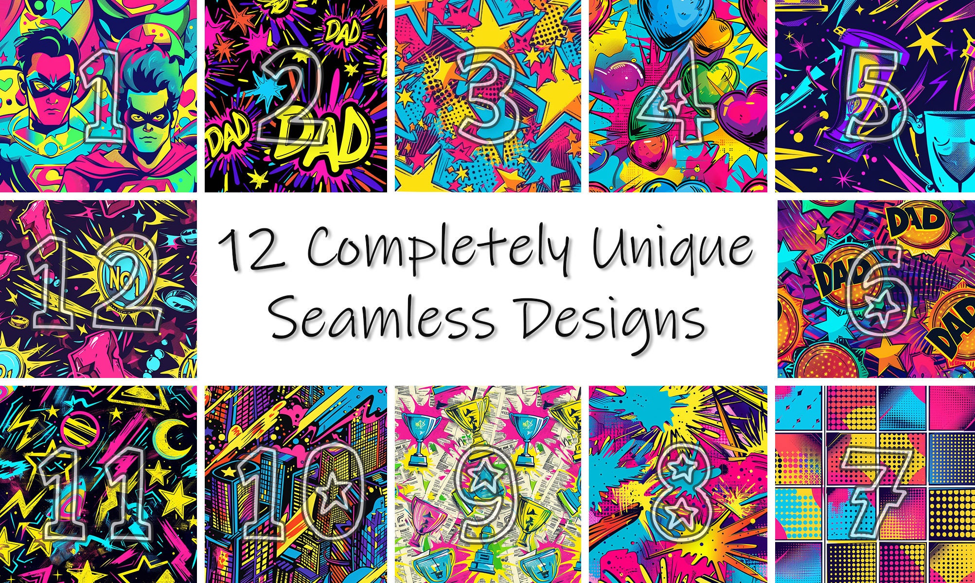 Superhero Dad Fathers Day Digital Paper in 8K - 12 Seamless Patterns ...