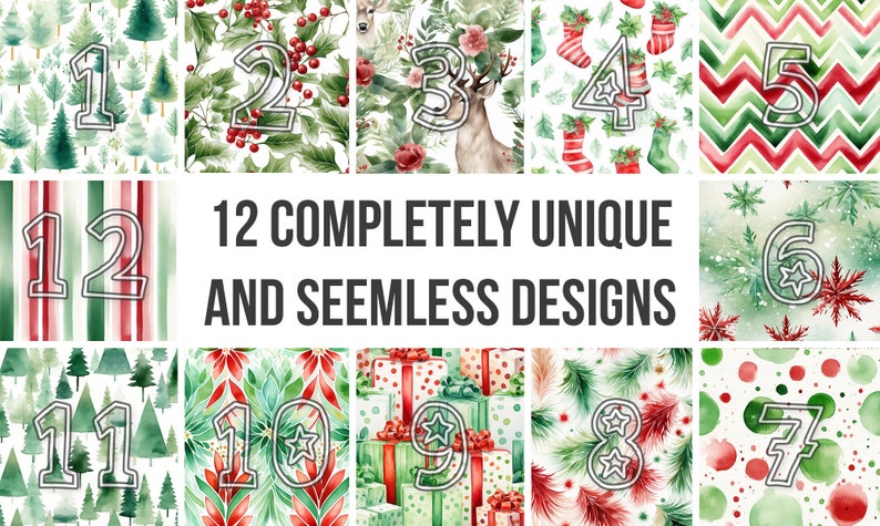 3D Watercolor Christmas Digital Paper - 13 Seamless Patterns, Xmas ...