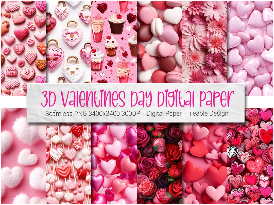 3D Valentines Digital Paper - 16 Seamless Tileable PNG Patterns ...