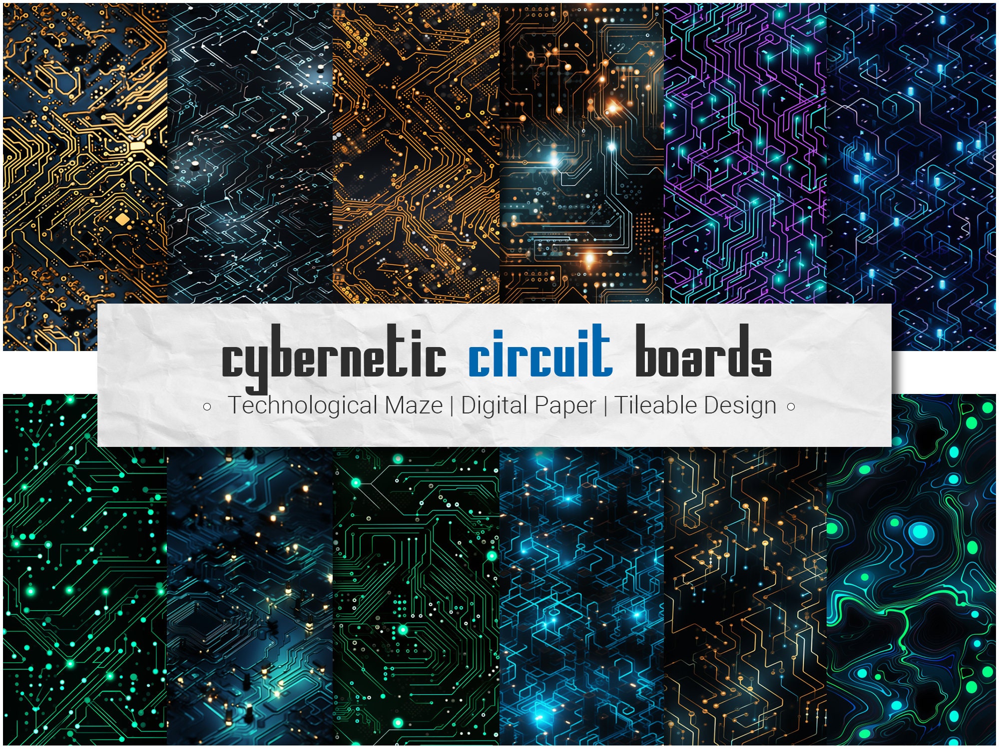 Cybernetic Circuitboard Digital Paper Pack - 12 Seamless Tileable PNG ...