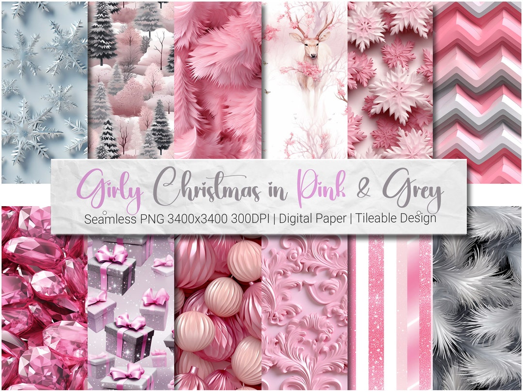 Girly Pink Christmas Digital Paper - 16 Seamless PNG Patterns, Pink ...