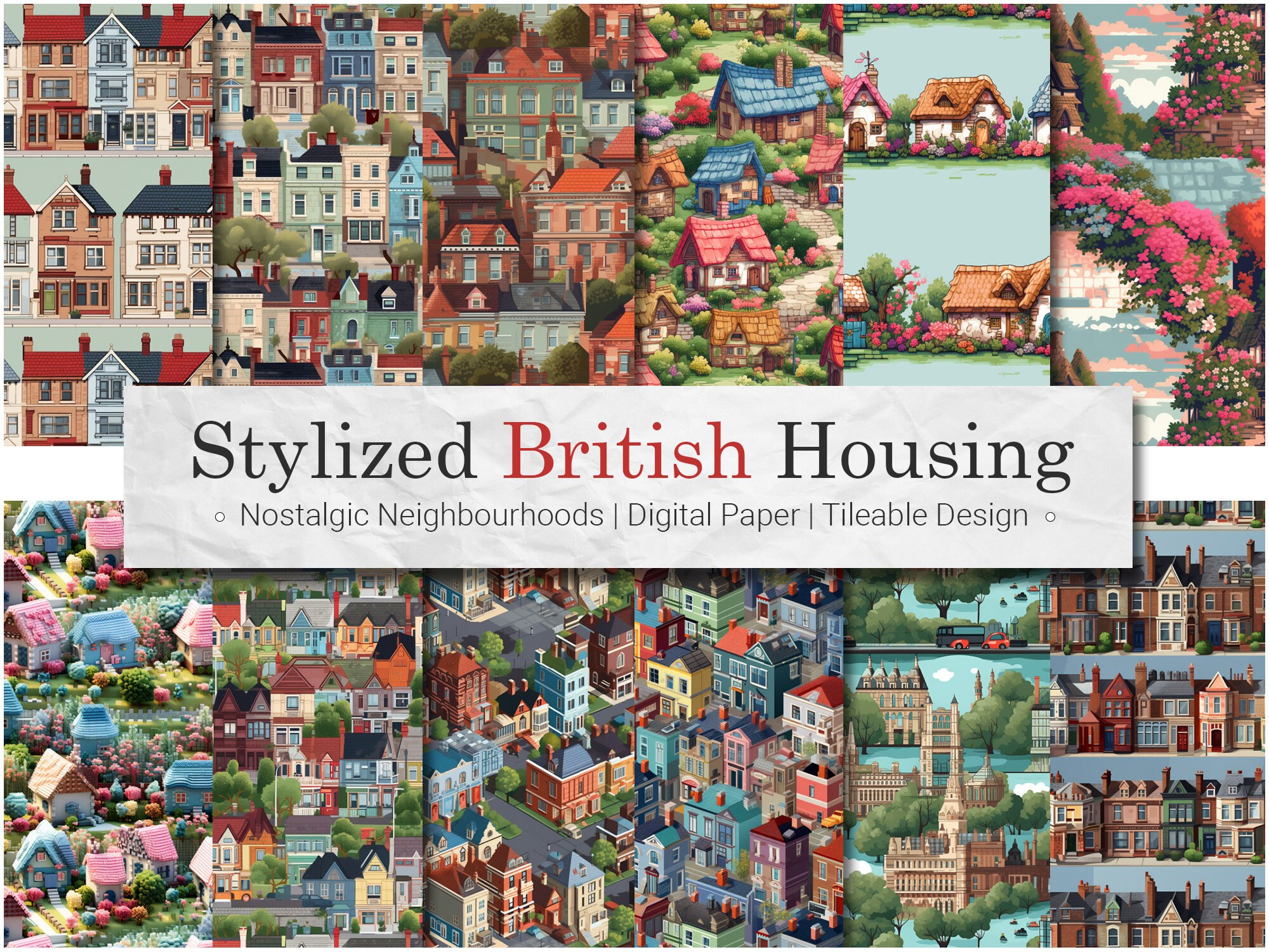 Stylized British Houses - Seamless Digital Paper Patterns 12 Seamless ...