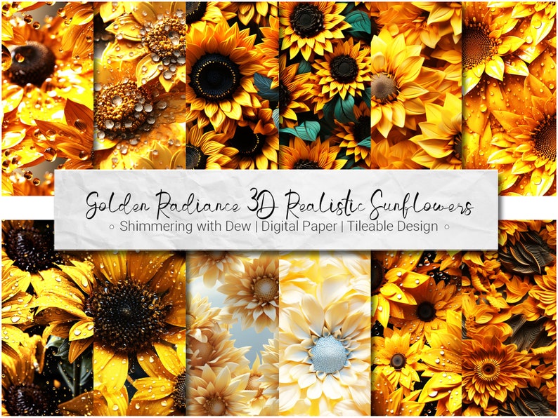 3D Realistic Sunflowers - Digital Paper Pack 12 Seamless, PNG Patterns ...