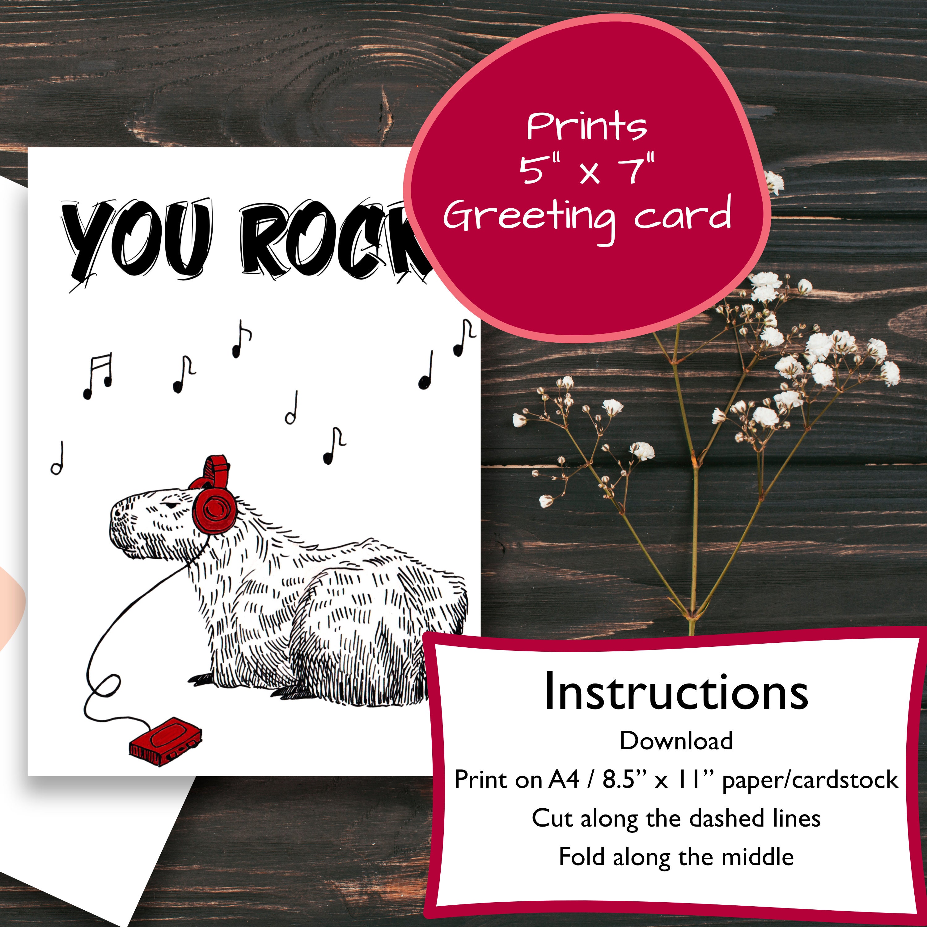 Capybara YOU ROCK Printable Greeting Card Instant Download Cute ...