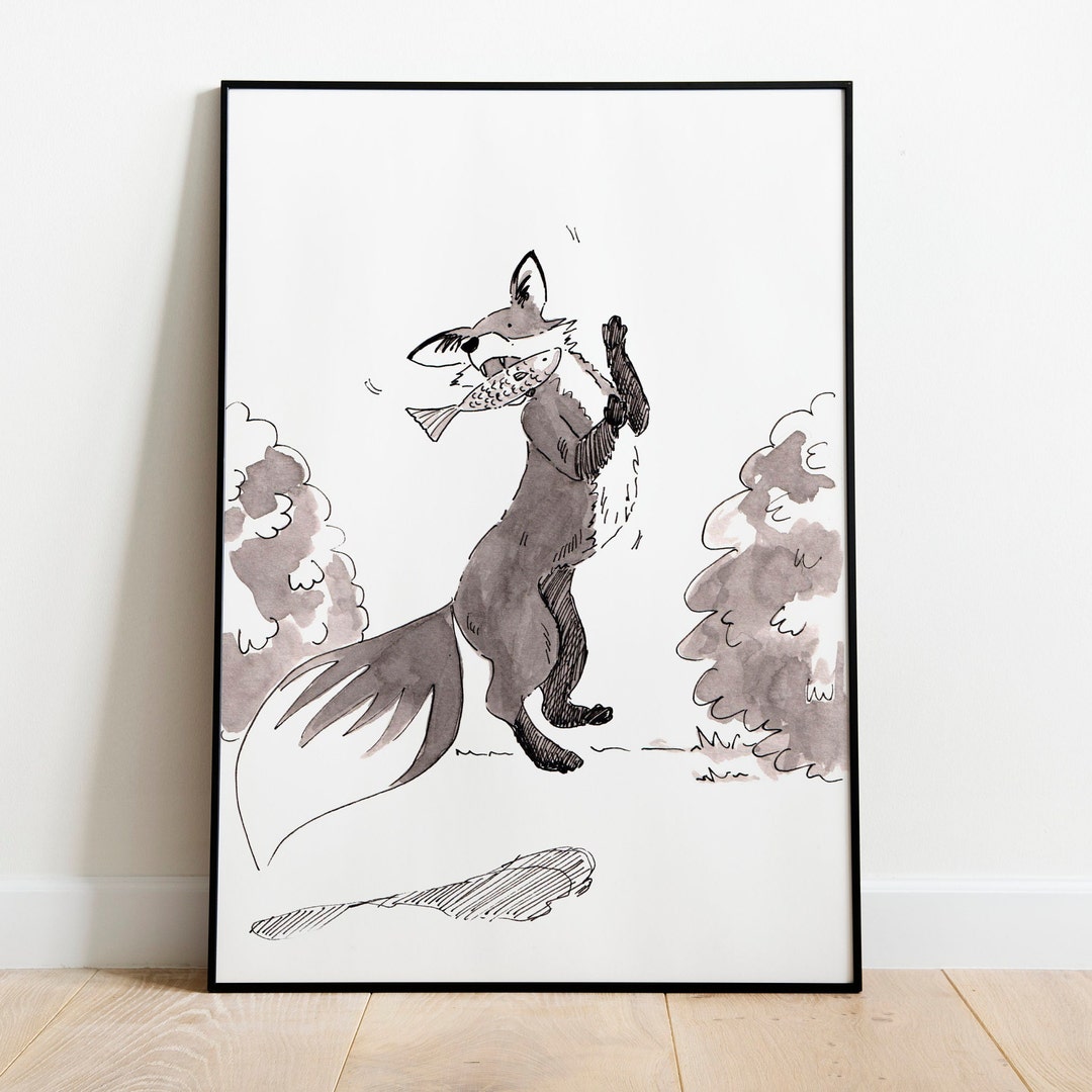 Catching Fish Cute Fox Wall Art | Digital Download | Fox Drawing Poster ...