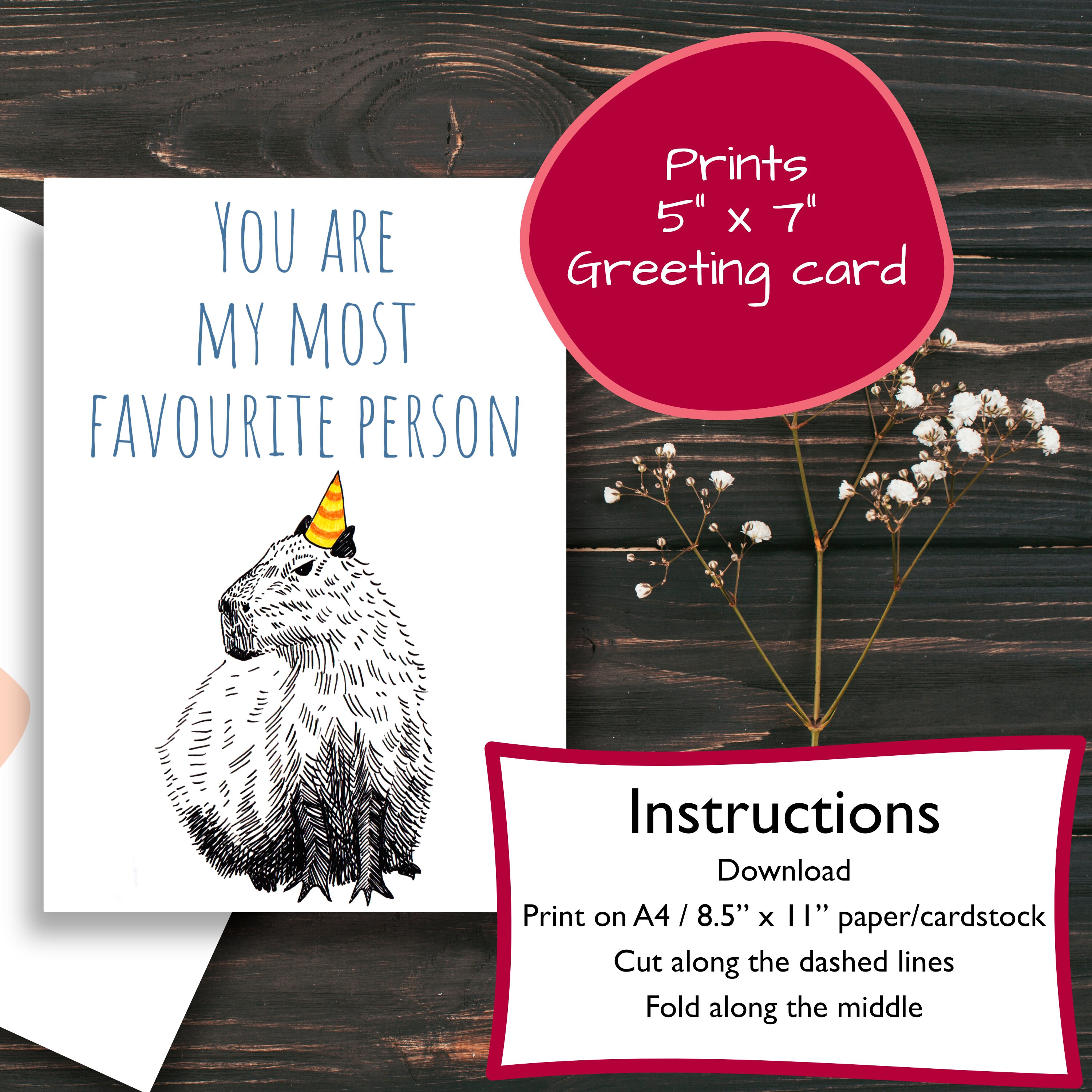 Capybara PRINTABLE GREETING CARD Instant Download Favourite Person ...