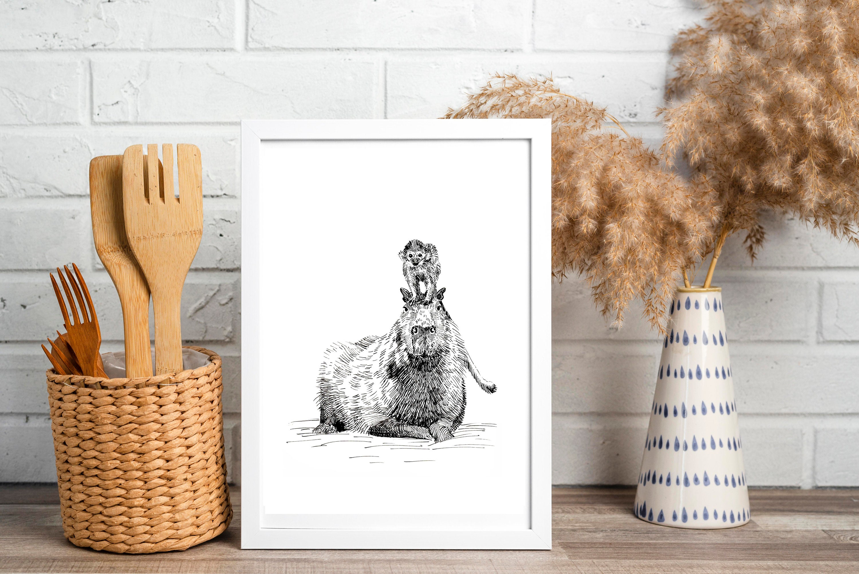 Monkey & Capybara Ink Illustration Printable Wall Art Instant Download ...