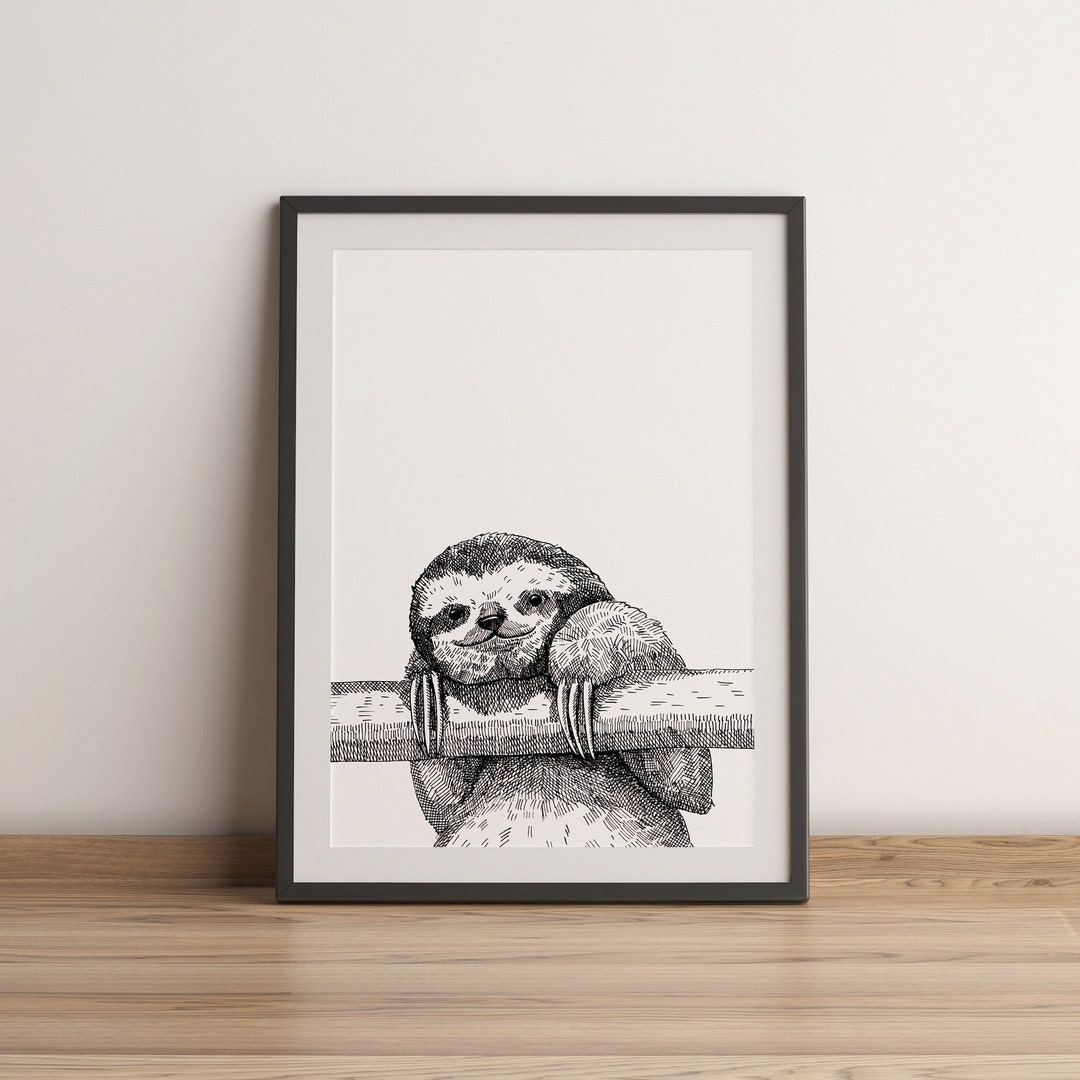 Cute SLOTH Ink Drawing Print, Black & White Sloth Art, Curious Peekaboo ...