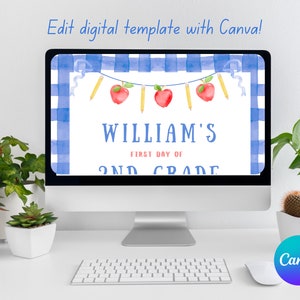 Printable First Day of School Sign, Blue Gingham With Apple & Pencil ...