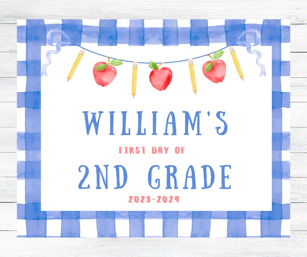 Printable First Day of School Sign Blue Gingham With Apple & - Etsy