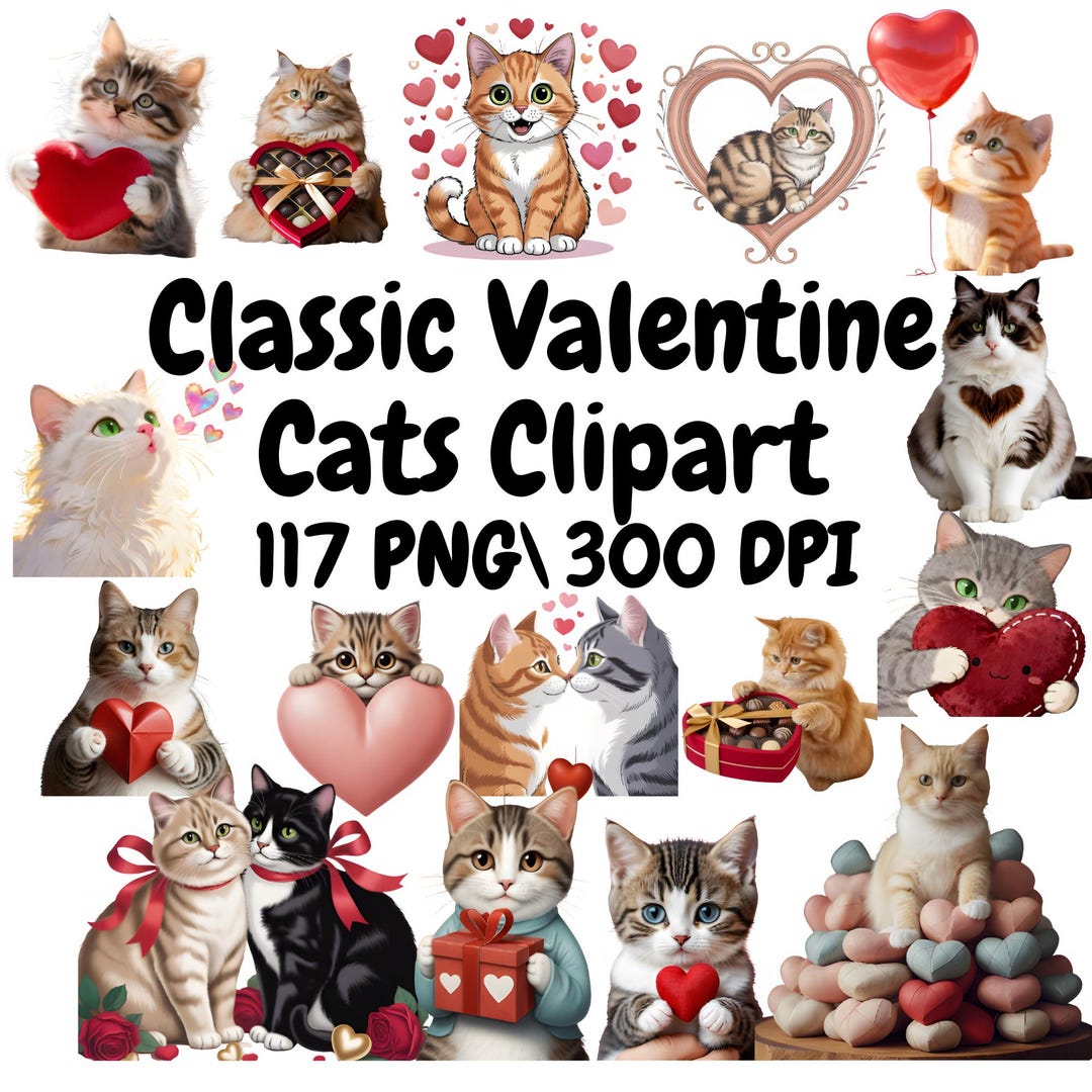 Watercolor Cat Valentine Clipart | Cats & Hearts (digital Download - Etsy