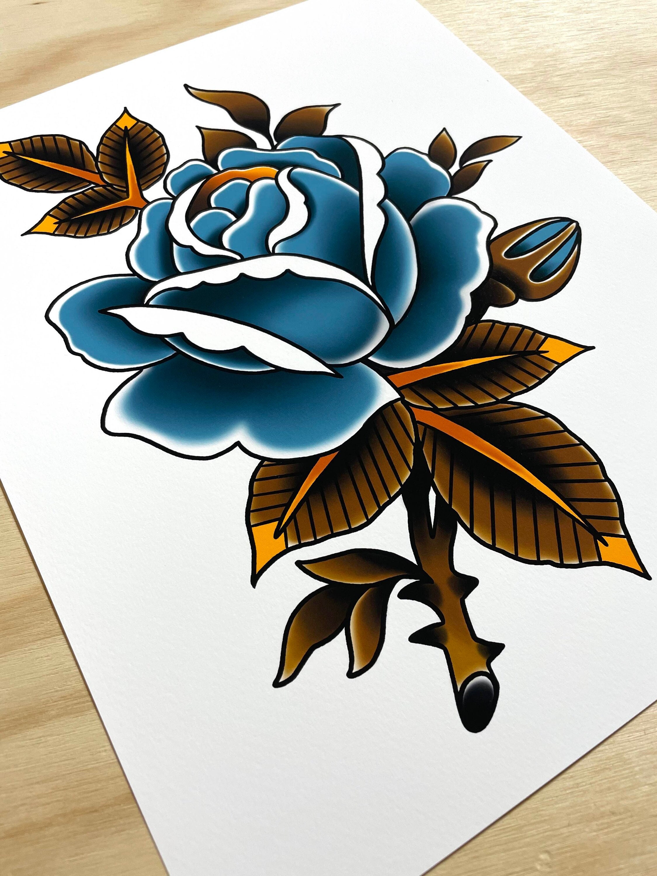 Tattoo Art Print | Artist Signed | Blue Rose, Traditional, Bright and ...