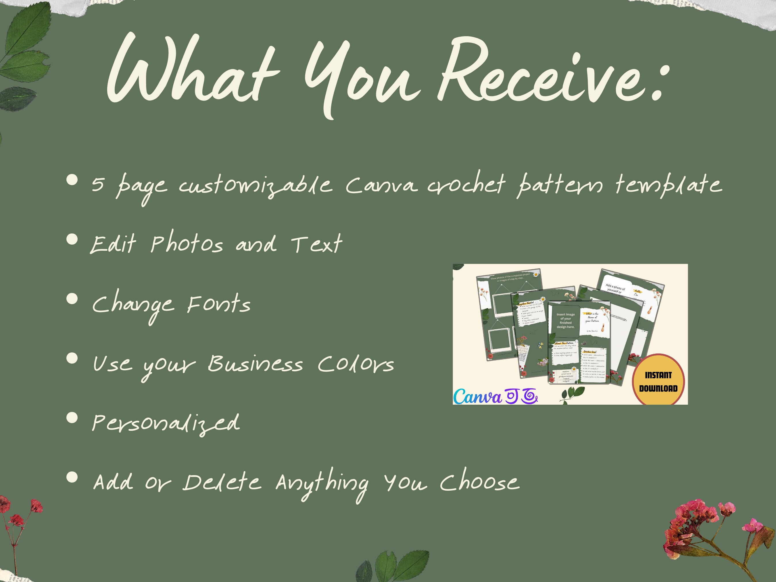 Canva Crochet Pattern Template Digital Download, Floral, Green ...