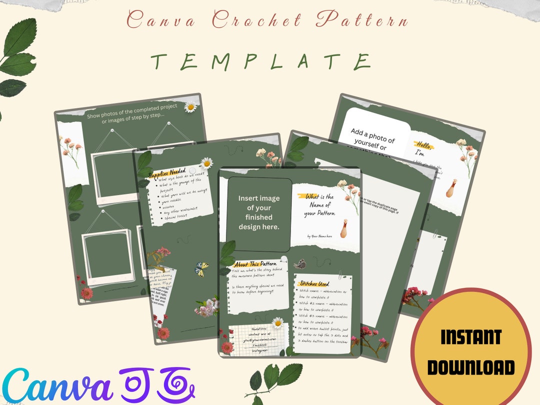 Canva Crochet Pattern Template Digital Download, Floral, Green, Feminine, - Etsy