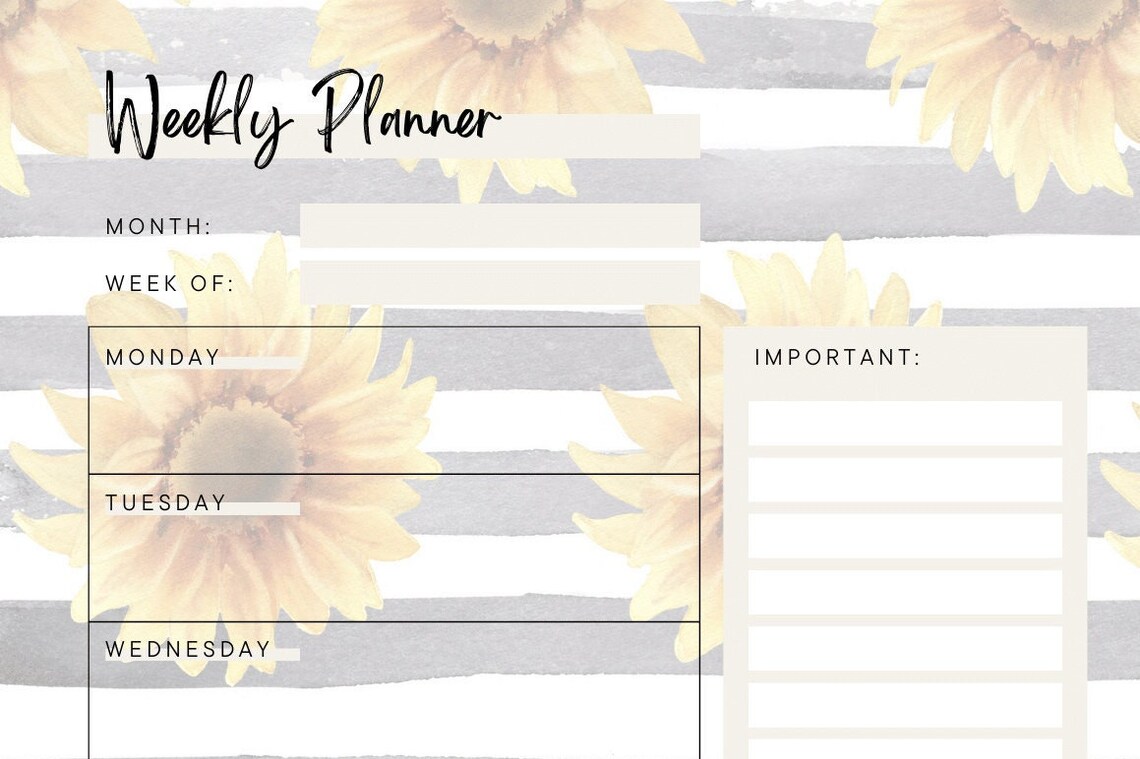 Fall Printable Weekly Planner PDF Instant Download Sunflower Stripe ...