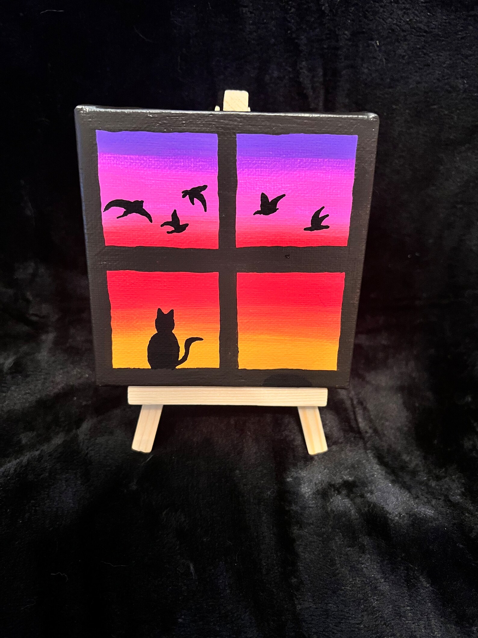 Small Minimalistic Acrylic Painting on Canvas, Cat and Birds Windowsill ...