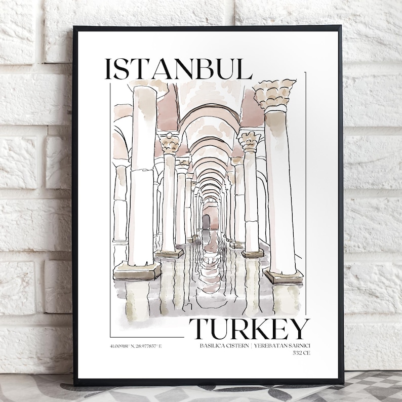 Istanbul Basilica Cistern Watercolor Line Drawing | Minimalist Line Art ...
