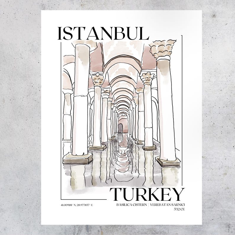 Istanbul Basilica Cistern Watercolor Line Drawing | Minimalist Line Art ...