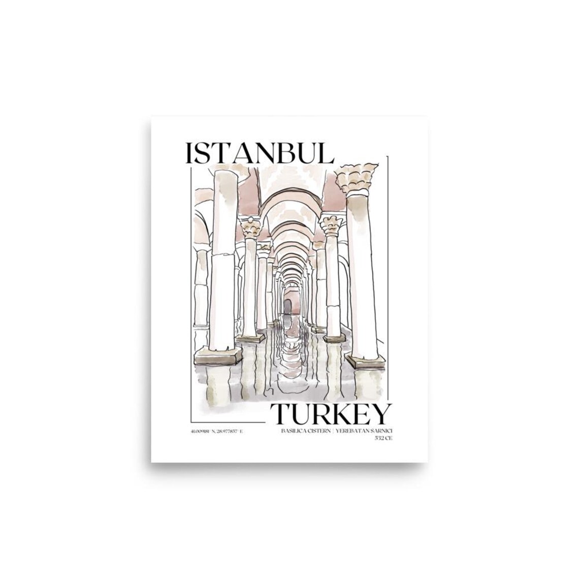Istanbul Basilica Cistern Print | Turkey Watercolor Line Art - Etsy