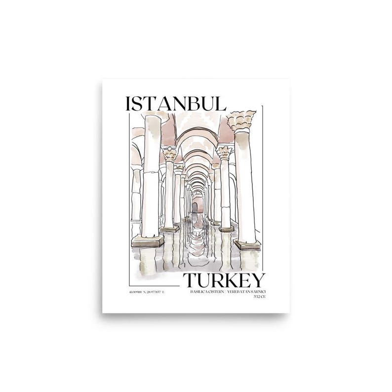 Istanbul Basilica Cistern Print | Turkey Watercolor Line Art - Etsy