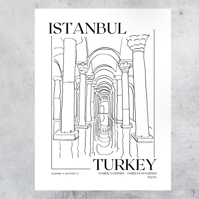 Istanbul Basilica Cistern Line Art Print | Turkey Travel Poster - Etsy
