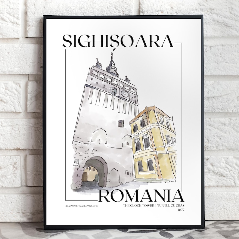 Sighișoara Clock Tower Watercolor Line Drawing | Minimalist Line Art ...