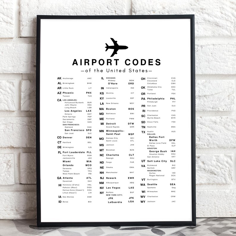 Airport Codes USA Travel Poster Modern Travel Wall Art Minimalist