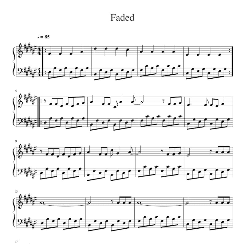 Faded - Alan Walker Easy Piano Sheet Music Download Printable PDF 2 ...