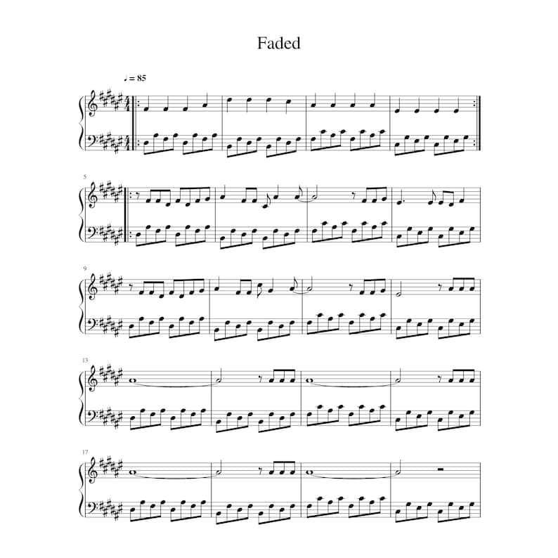 Faded - Alan Walker Easy Piano Sheet Music Download Printable PDF 2 ...