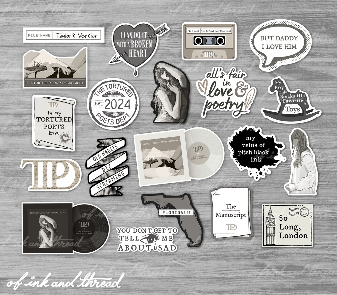 The Tortured Poets Department Stickers Set of Glossy Die-cut Vinyl ...