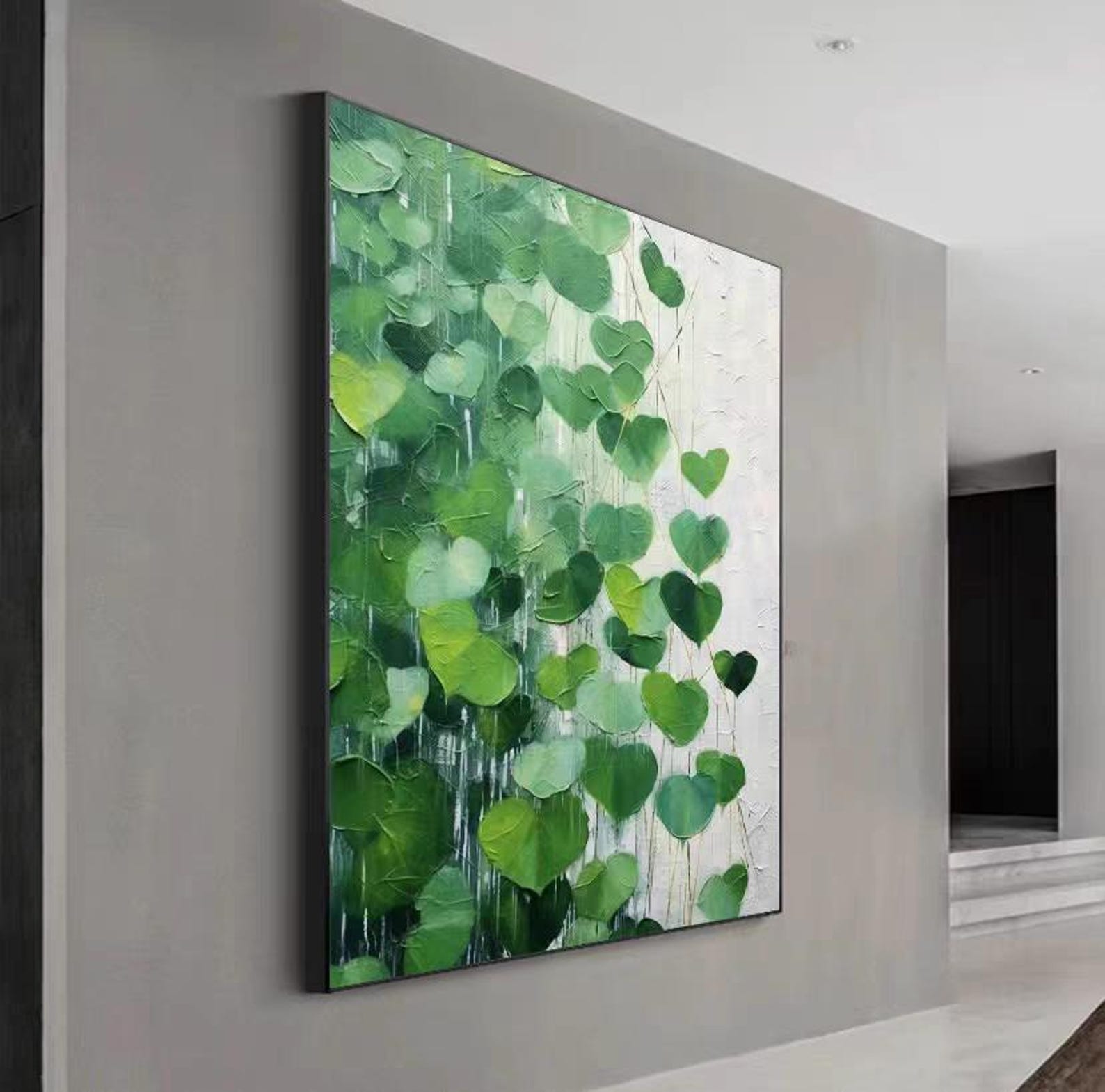 Textured Green Leaves Wall Art, Light Green Abstract Painting, Large ...
