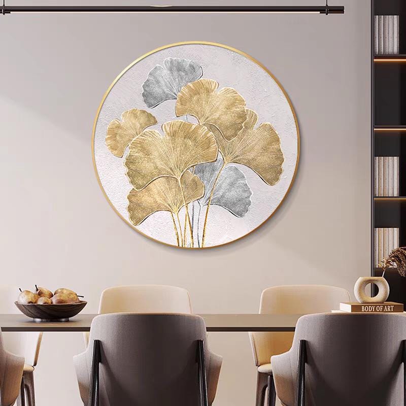 Gold Sliver Leaf Acrylic Painting, Handmade Circle Canvas Art, Abstract ...