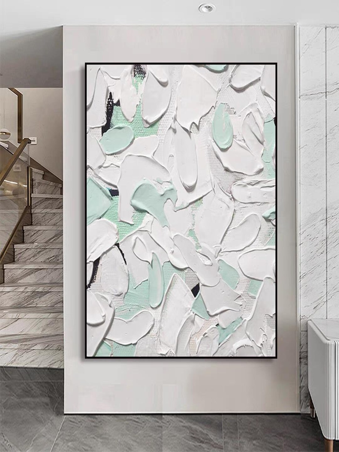 White Light Green Abstract Painting, Hand Painted Wall Art, Large ...