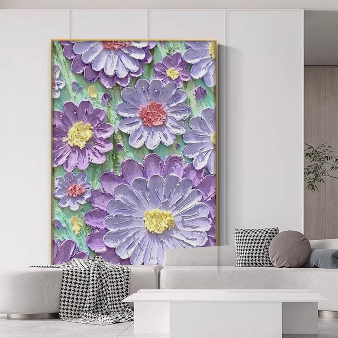 Original Daisy Flower Oil Painting, 3D Large Abstract Purple Floral ...