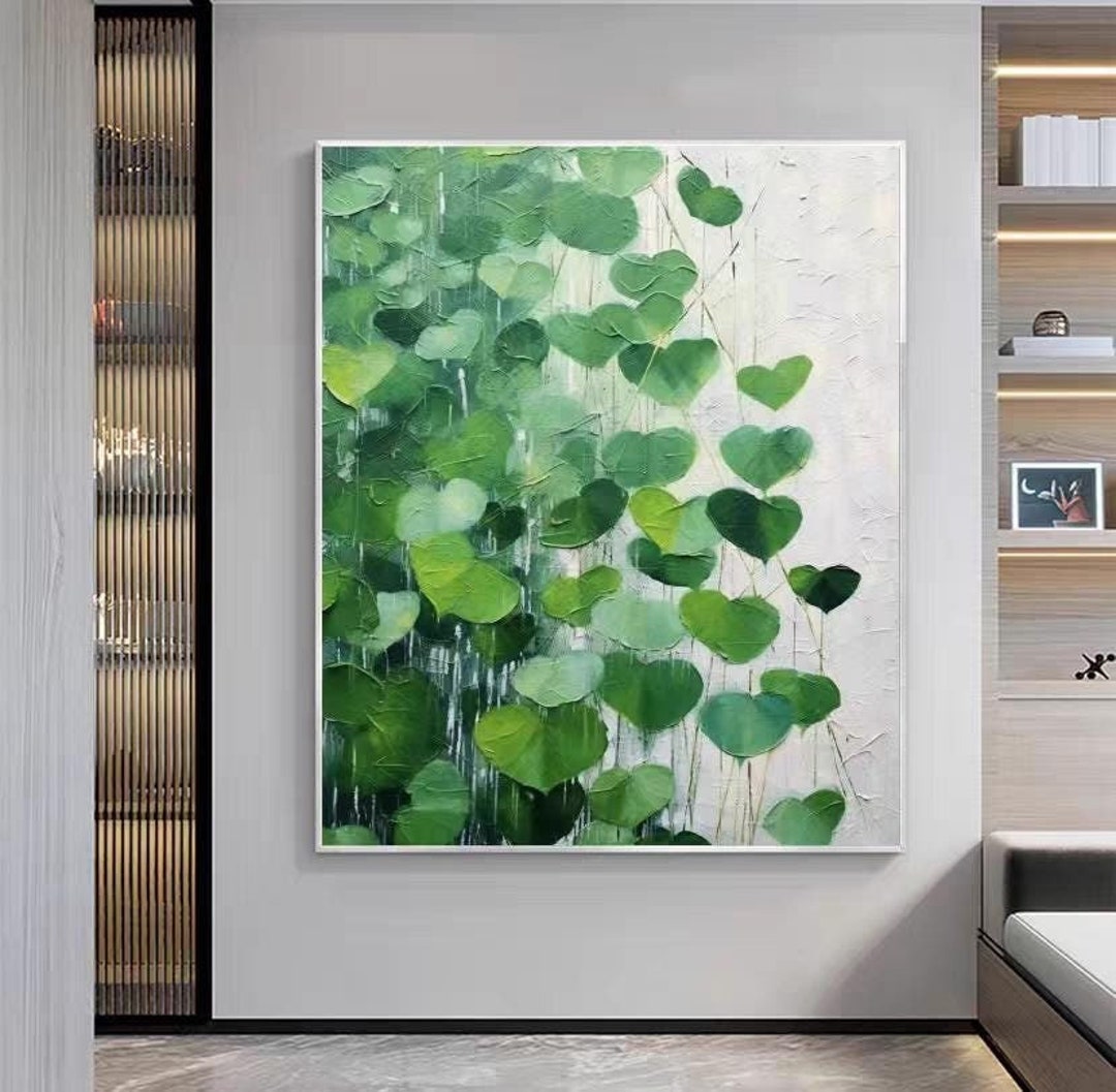 Textured Green Leaves Wall Art, Light Green Abstract Painting, Large ...