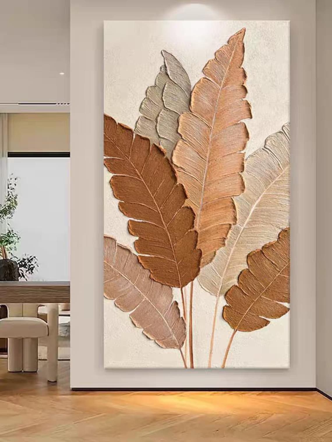 3D Beige Leaves Painting, Abstract Hand Painted Autumn Leaves Wall Art ...