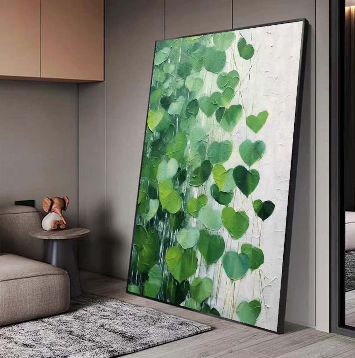 Textured Green Leaves Wall Art, Light Green Abstract Painting, Large ...