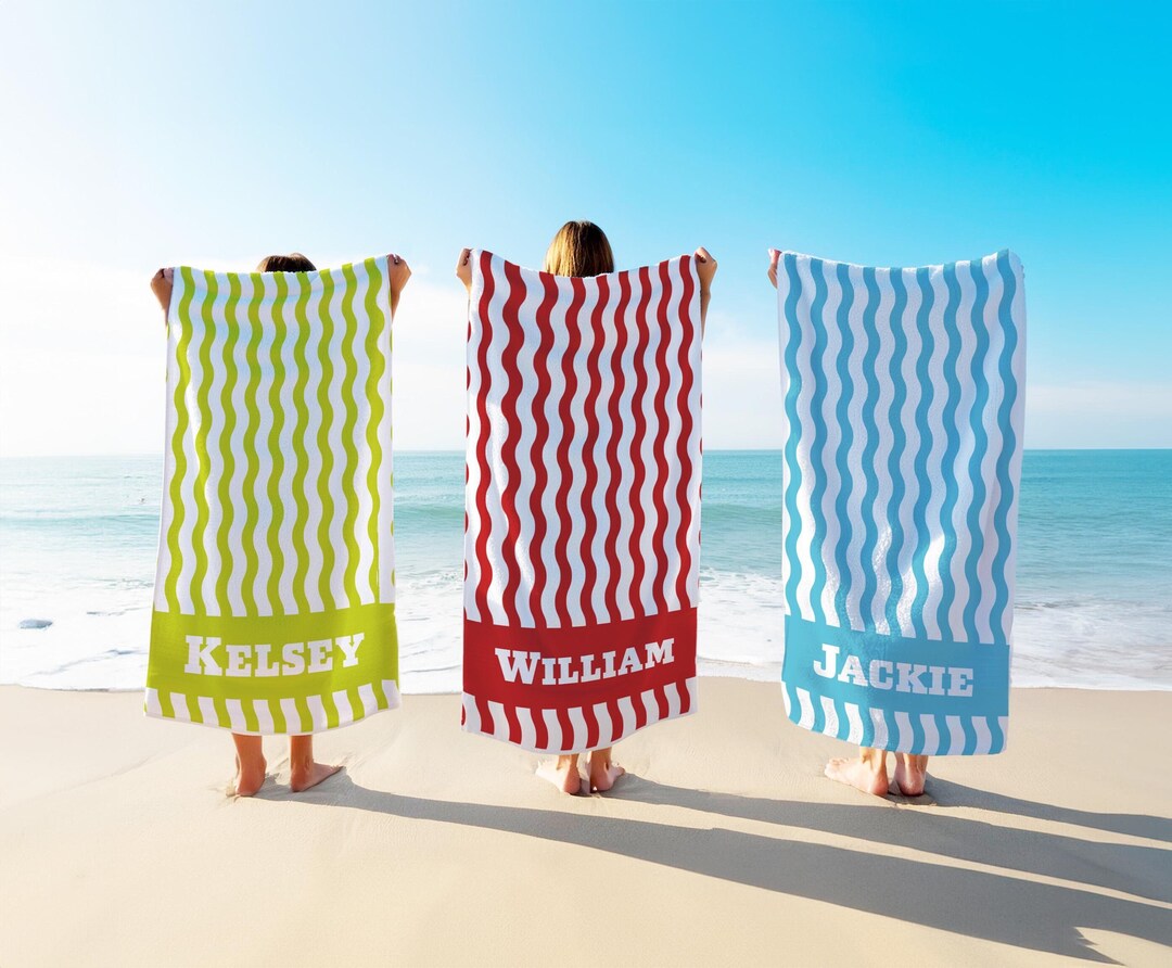 Custom Wave Design Beach Towel With Name, Personalized Name Bath Towel ...