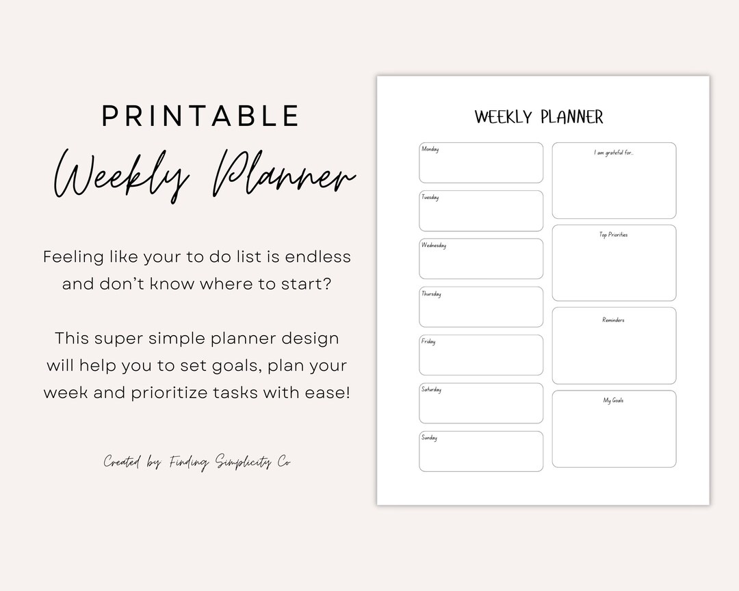 Simple Weekly Planner Printable, Minimalist Weekly Schedule, Weekly ...