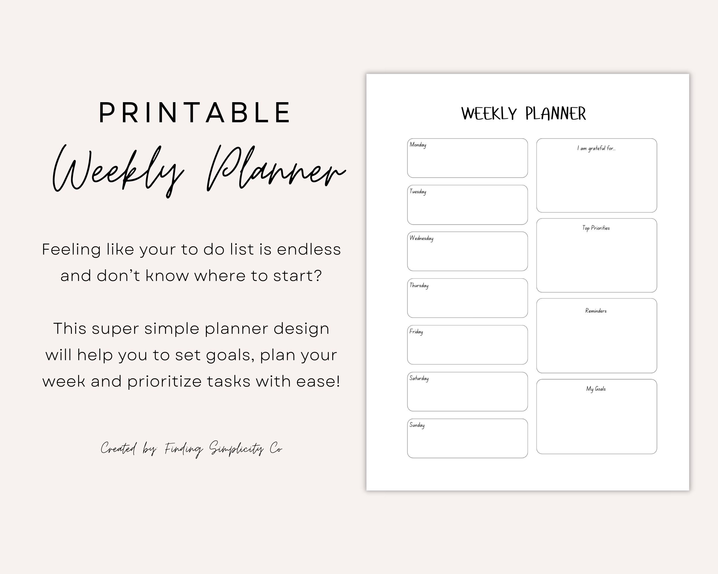 Simple Weekly Planner Printable, Minimalist Weekly Schedule, Weekly ...