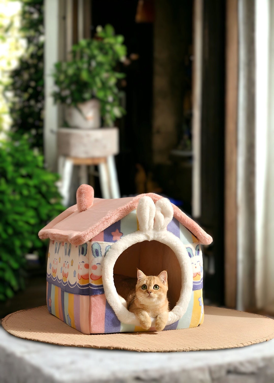 Cozy Cat Bed House Plush Bunny-ear Cat Cave, Soft Cat Nap Spot, Durable ...