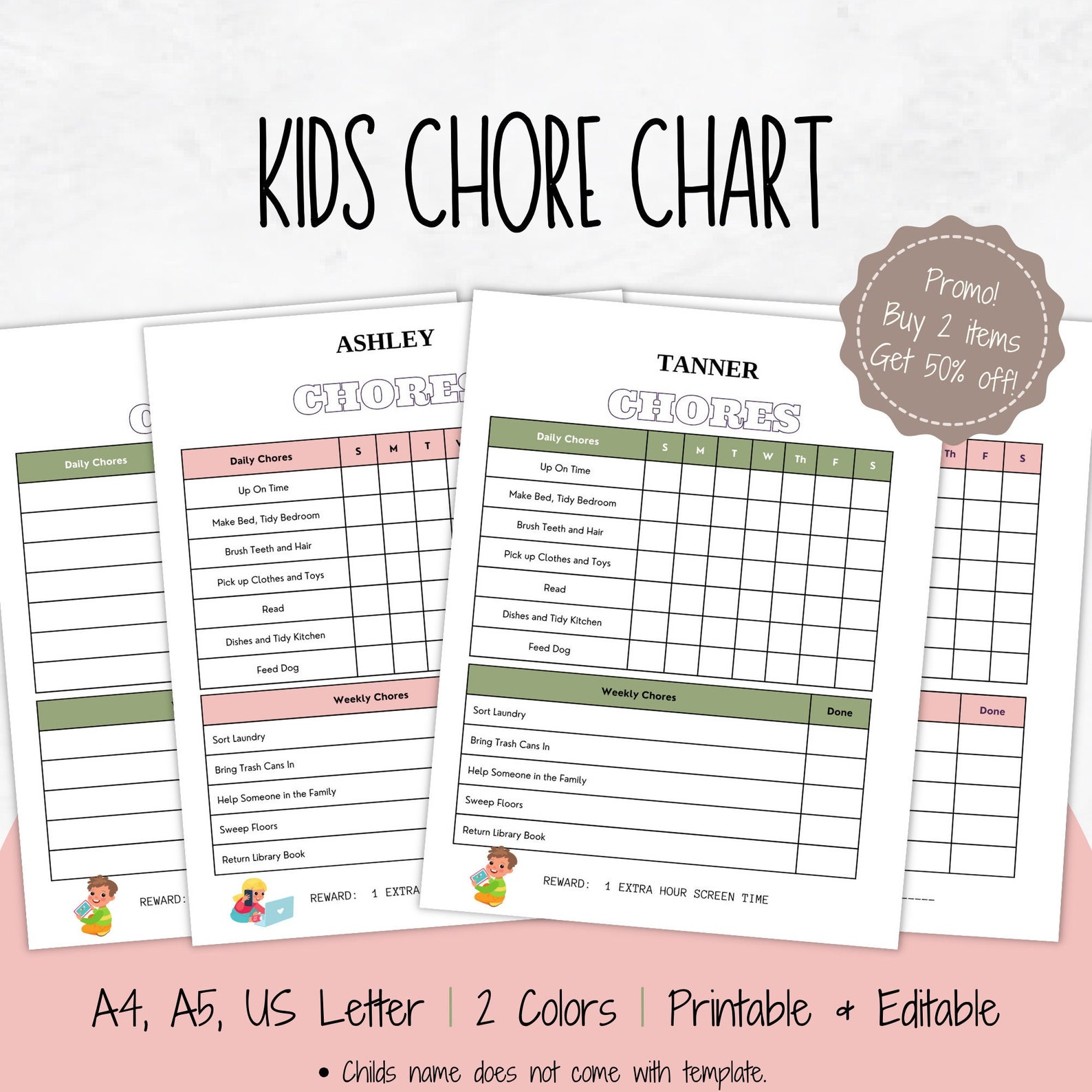 EDITABLE Chore Chart for Kids: Cleaning Checklist in A4, A5, US Letter ...