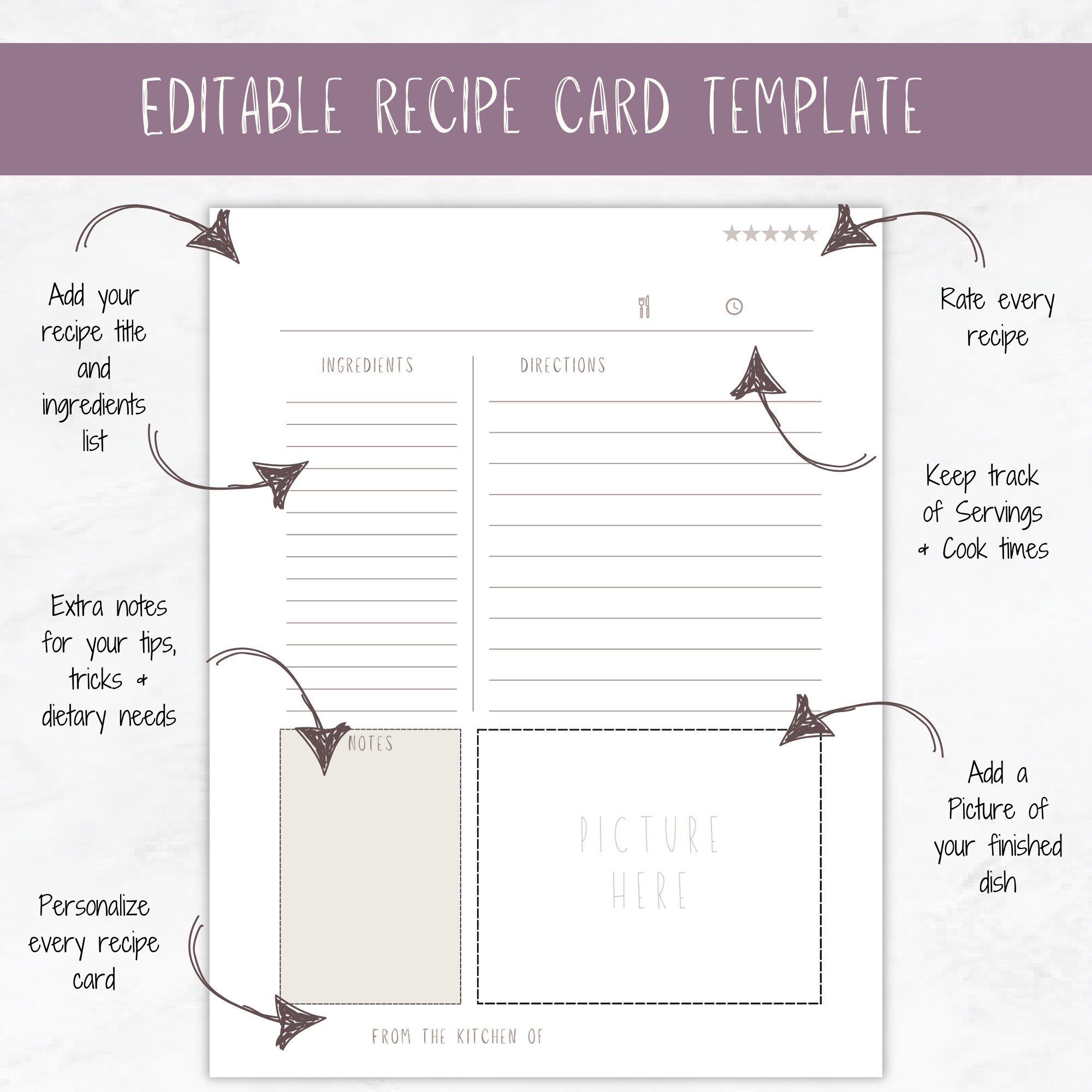 Editable Recipe Card Template Printable Customize Fonts & Colors 8.5x11 ...