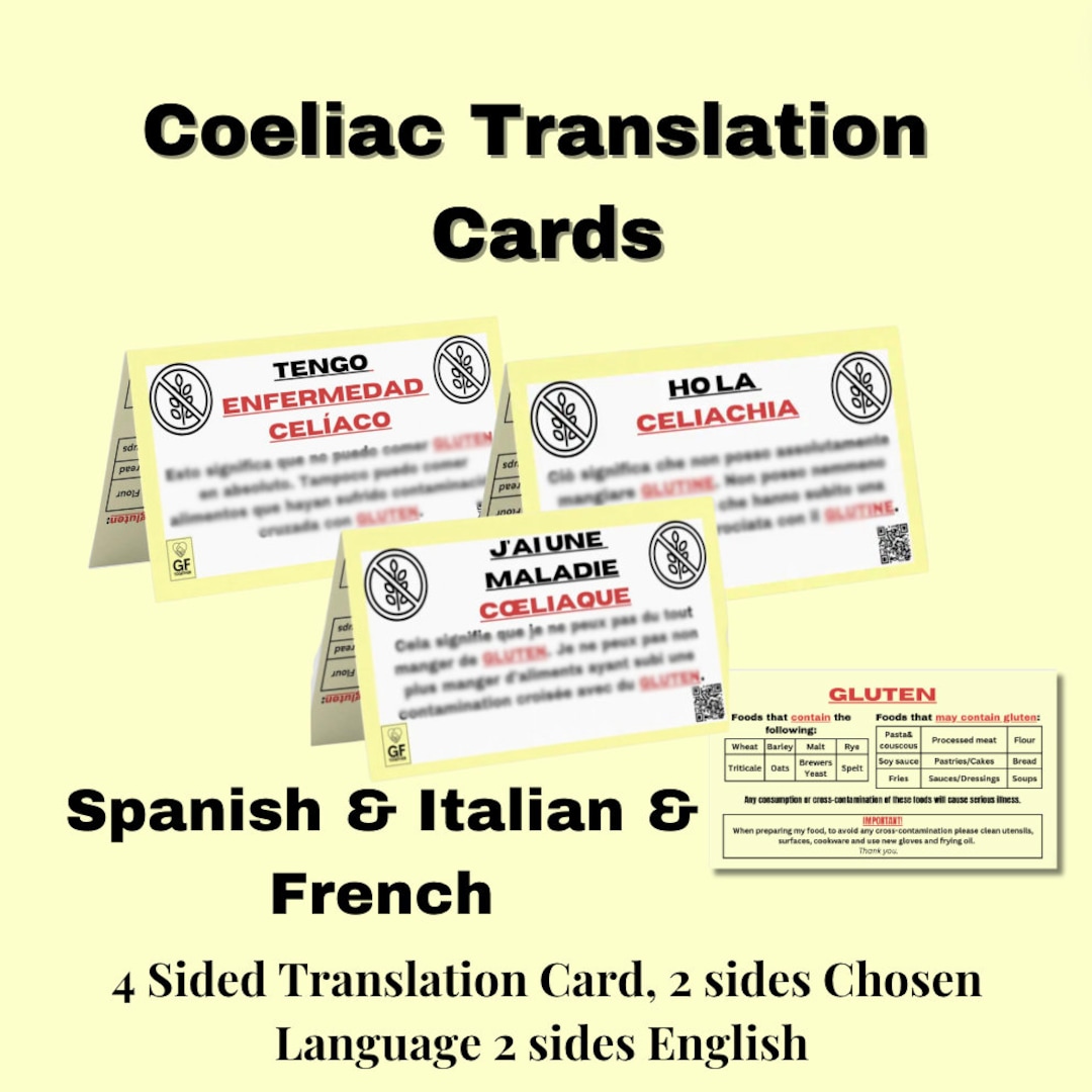 Coeliac Disease Travel Translation Cards * French, Spanish & Italian - Restaurant Card-medical ...