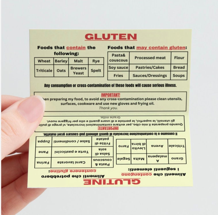 ITALIAN Coeliac Disease Travel Translation Card - Restaurant Card ...