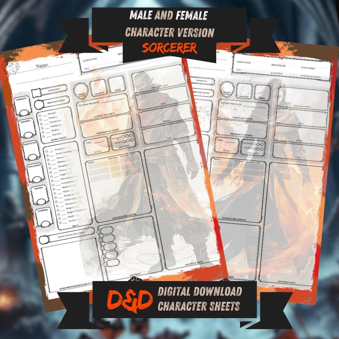 Character Sheet Sorcerer Male Female Printable Sheet Dnd 5e Stat Sheet ...
