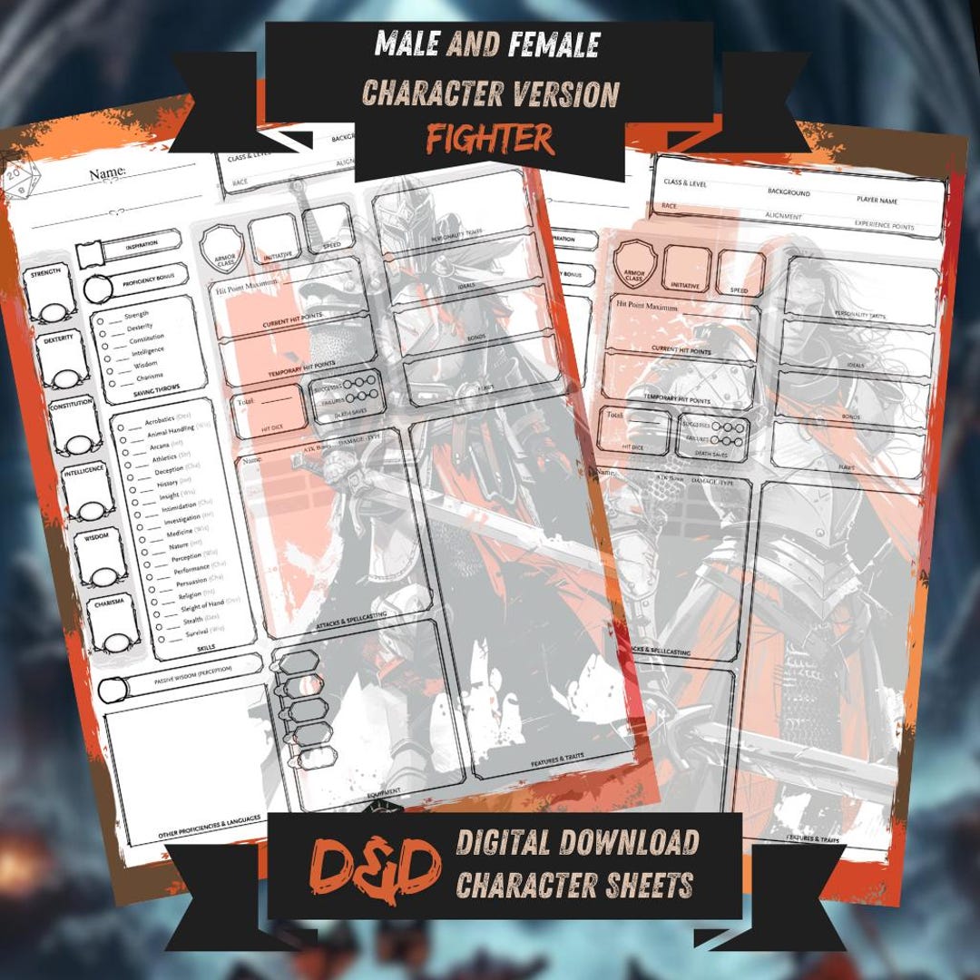 Character Sheet Fighter Male Female Printable Sheet Dnd 5e Stat Sheet ...